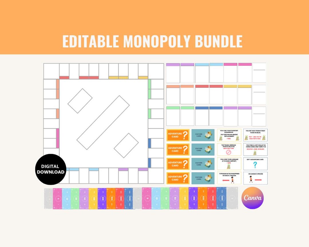 Monopoly Editable Template Bundle, Blank Monopoly Board, Monopoly Canva ...
