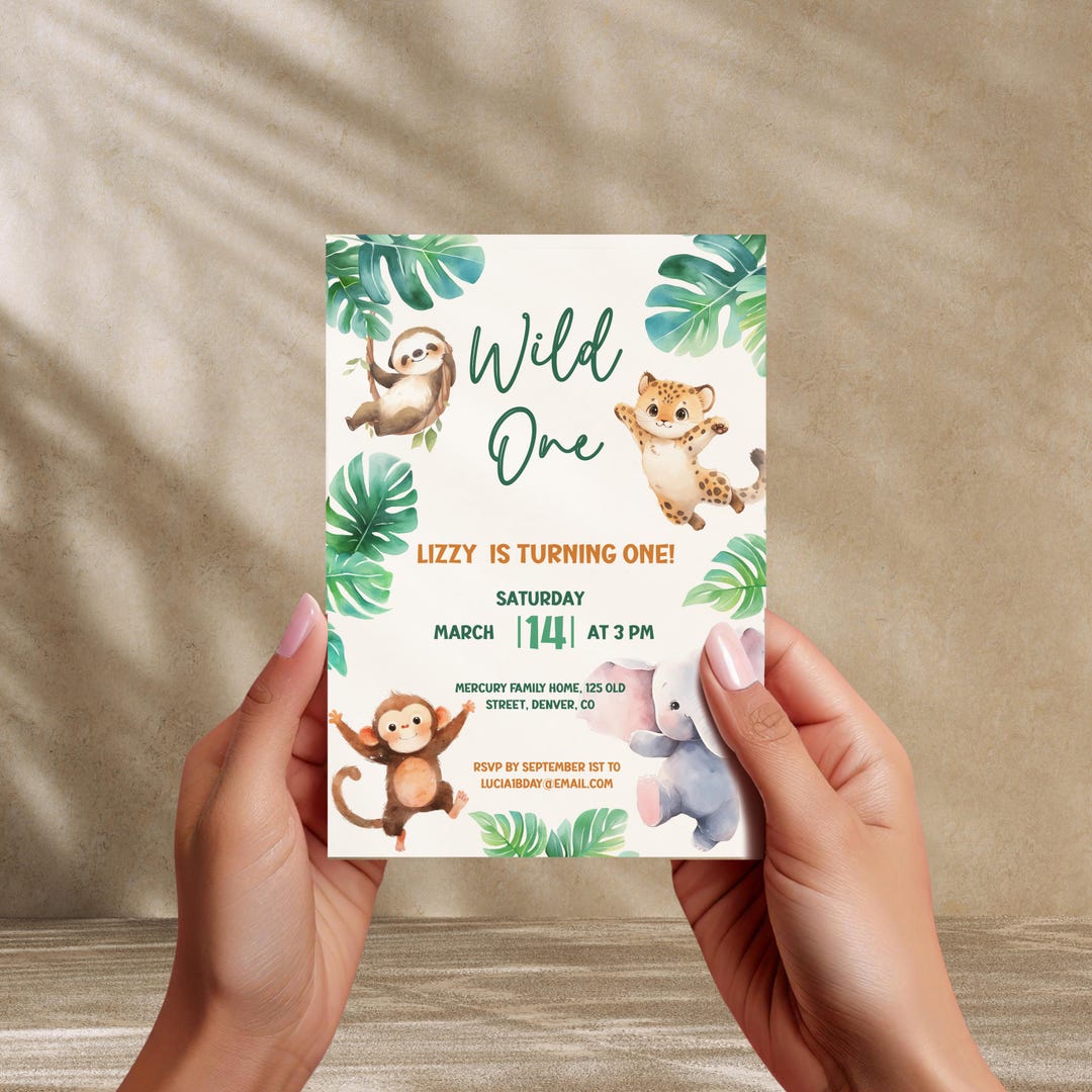 Editable Wild One Birthday Invitation, Safari Animals Kids Party Invite ...