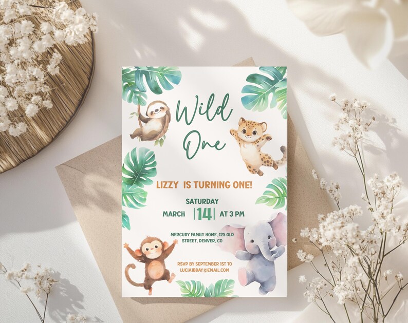 Editable Wild One Birthday Invitation, Safari Animals Kids Party Invite ...