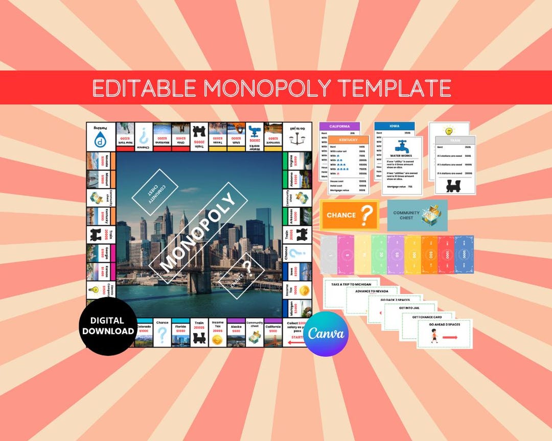 Customized Printable Monopoly Template, Monopoly Template, Custom ...