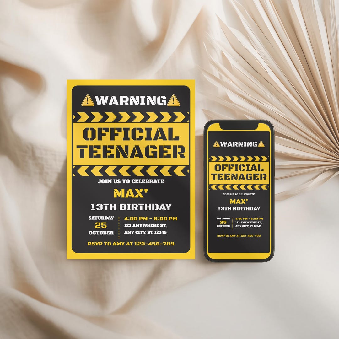 Warning Official Teenager 13th Birthday Invitation, Editable Teen Party ...