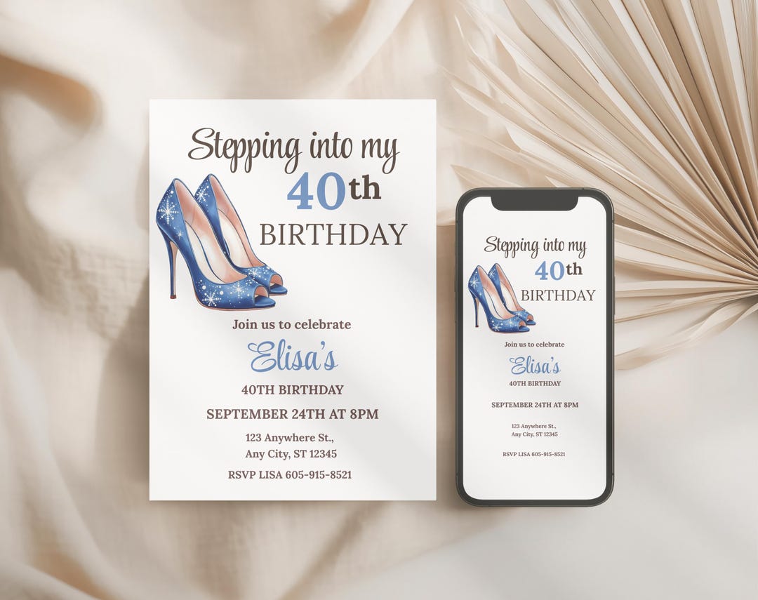 Elegant Blue High Heel 40th Birthday Invite – Stepping Into 40 Digital ...