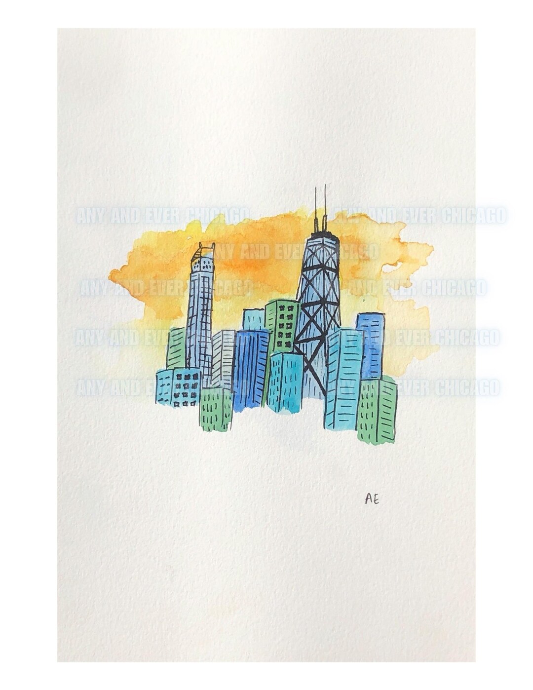 Chicago Cartoon Sunset Watercolor - Etsy