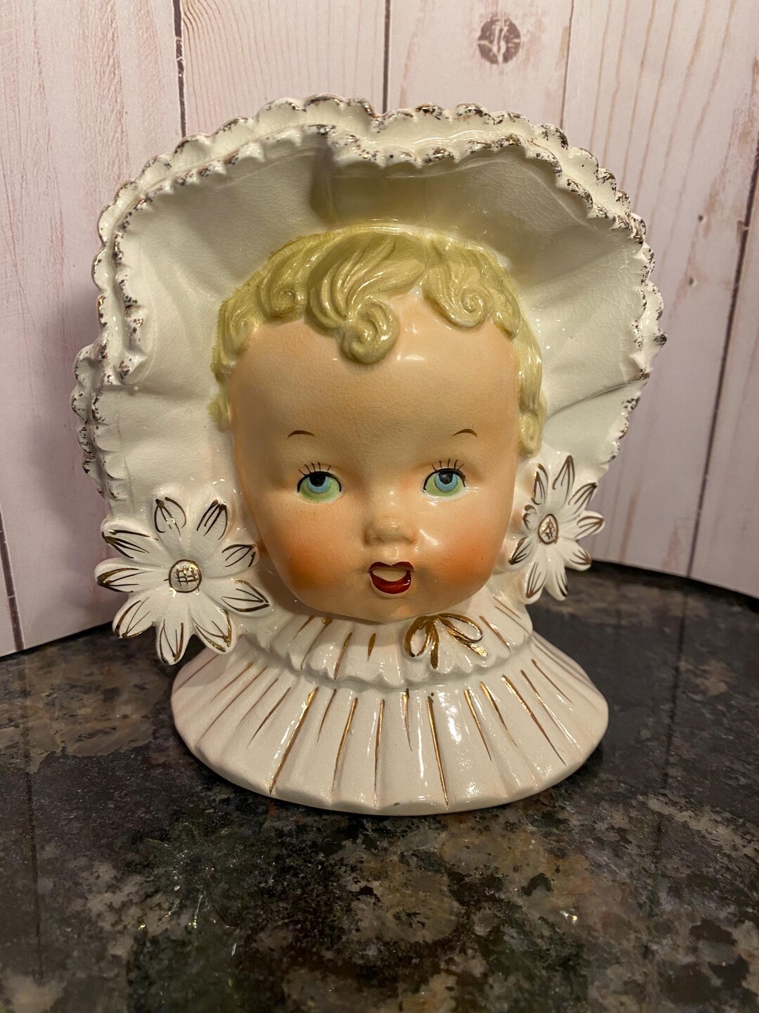 Vintage Napco Baby Vase Flower Bonnet 1956 Head Vase Blond Hair C2634B ...