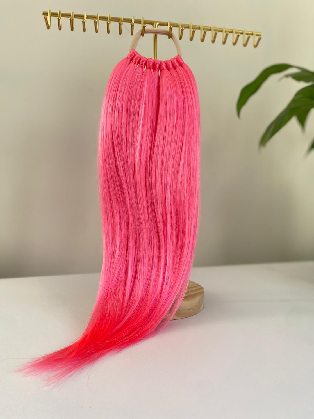 Ponytail Extension on Rubber Band, NEON PINK Synthetic, Disco Dance ...