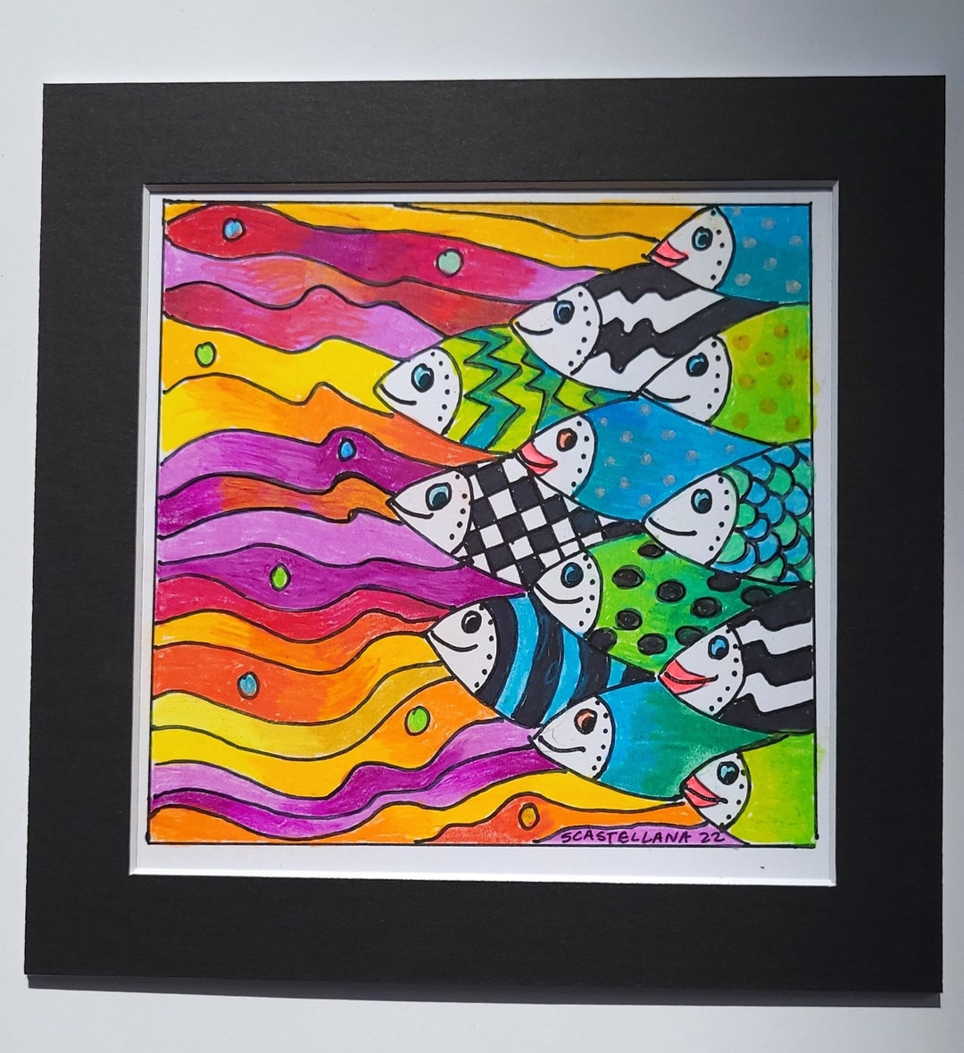 Fish Motif, Original Watercolor and Ink Painting, Whimsical Repetitive ...