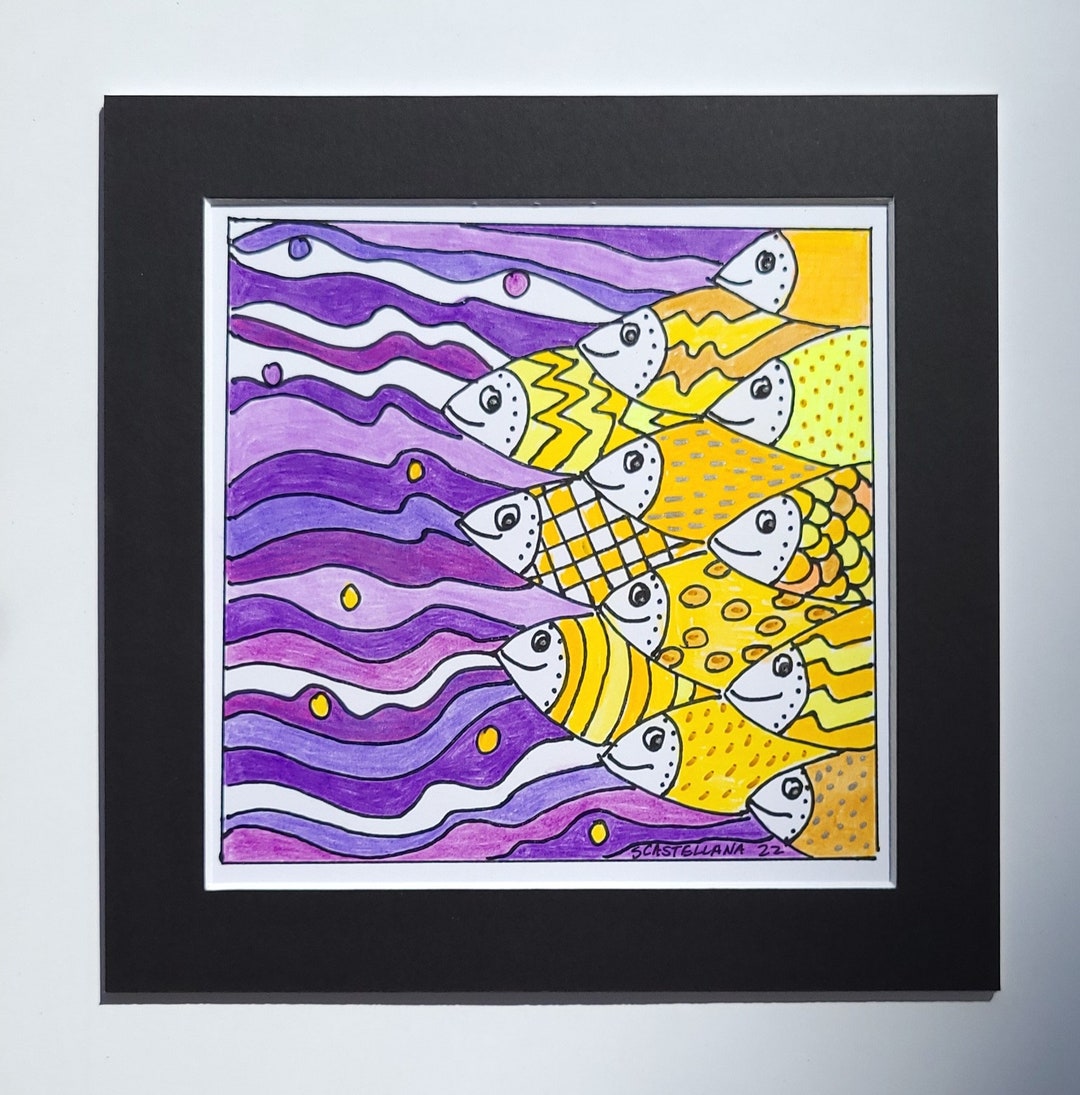 Original Watercolor and Ink Painting, Whimsical Repetitive Fish, and ...
