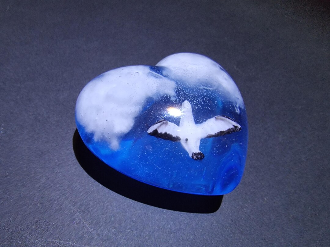 Resin Love Heart Token. Blue Sky With 3d Clouds and 3d Seagull. Unique ...