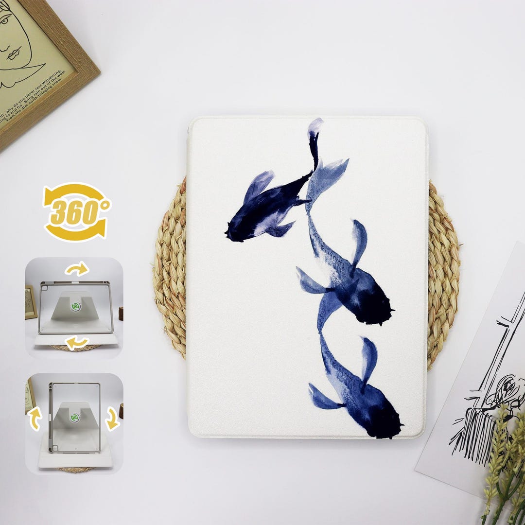 Ink Wash Koi Fish 360 Degree Rotate Stand iPad Case Cover iPad 9.7" 10. ...