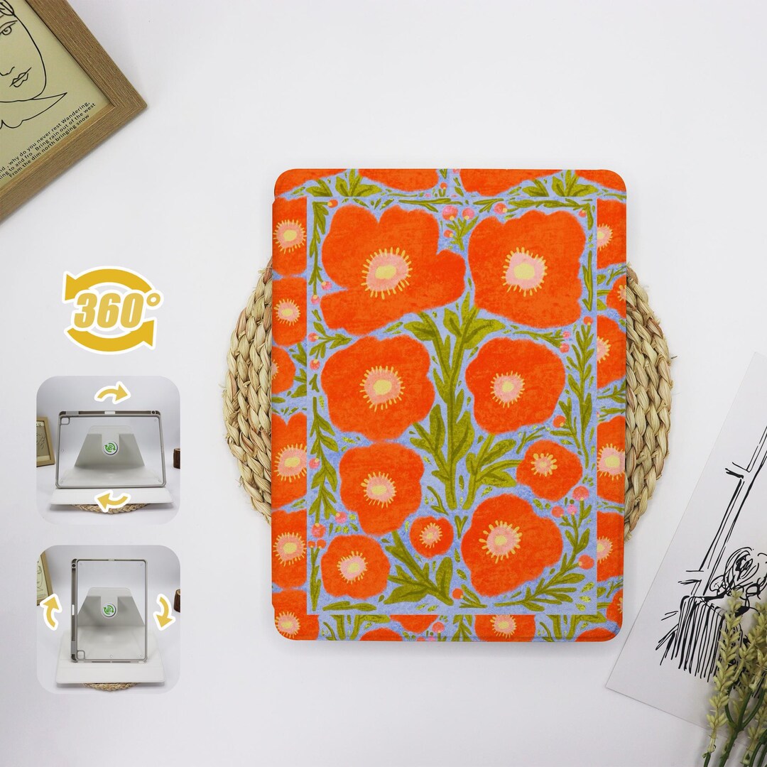Orange Poppy Floral360 Degree Rotate Stand iPad Case Cover iPad 9.7" 10 ...