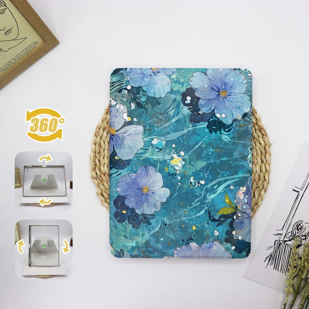Blue Floral Bubble360 Degree Rotate Stand iPad Case Cover iPad 9.7" 10. ...