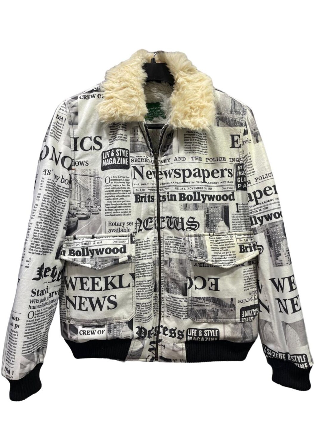 Trendy Newspaper Print Leather Jacket With Faux Fur Collar Vintage ...