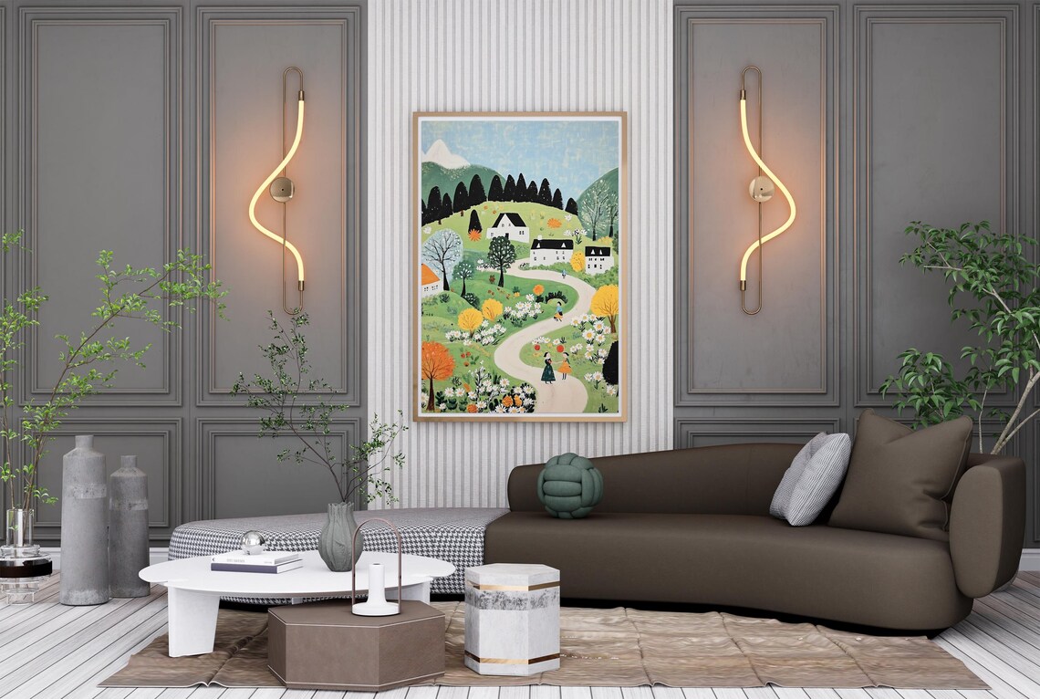 Whimsical Village Landscape Wall Art Daisy Fields Colorful Countryside ...