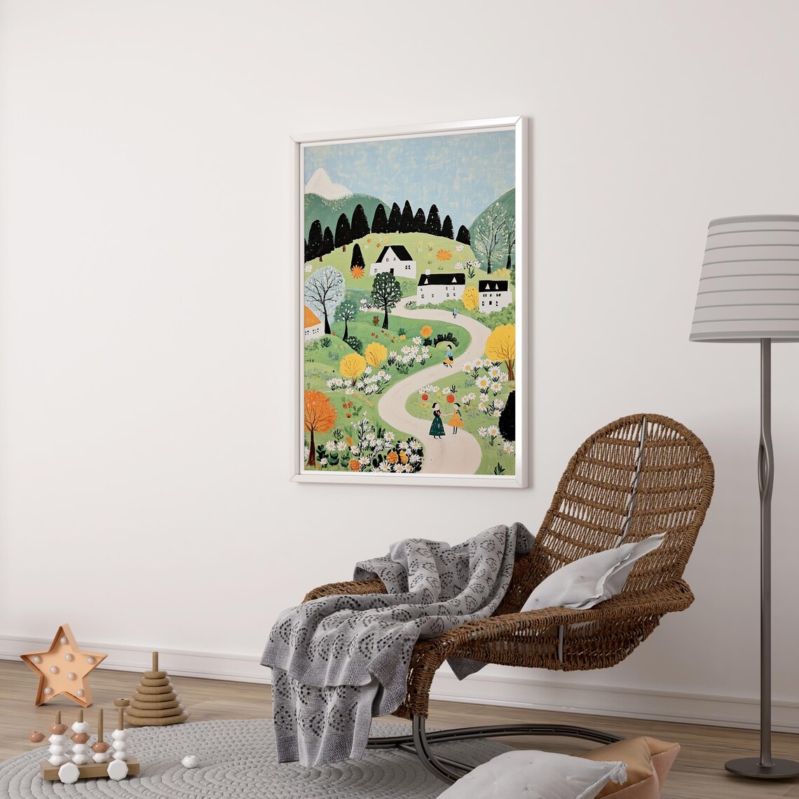 Whimsical Village Landscape Wall Art Daisy Fields Colorful Countryside ...