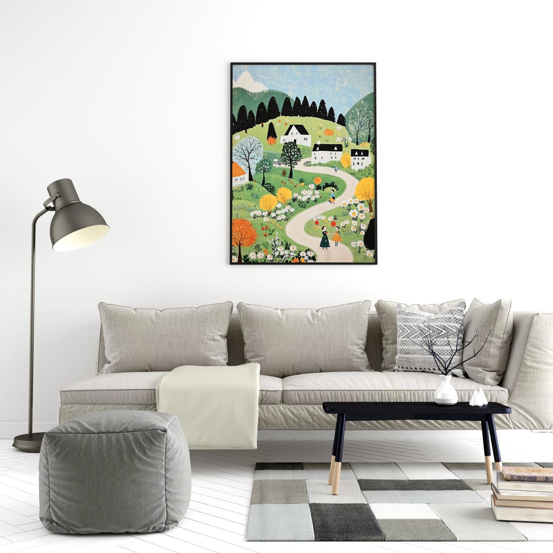 Whimsical Village Landscape Wall Art Daisy Fields Colorful Countryside ...