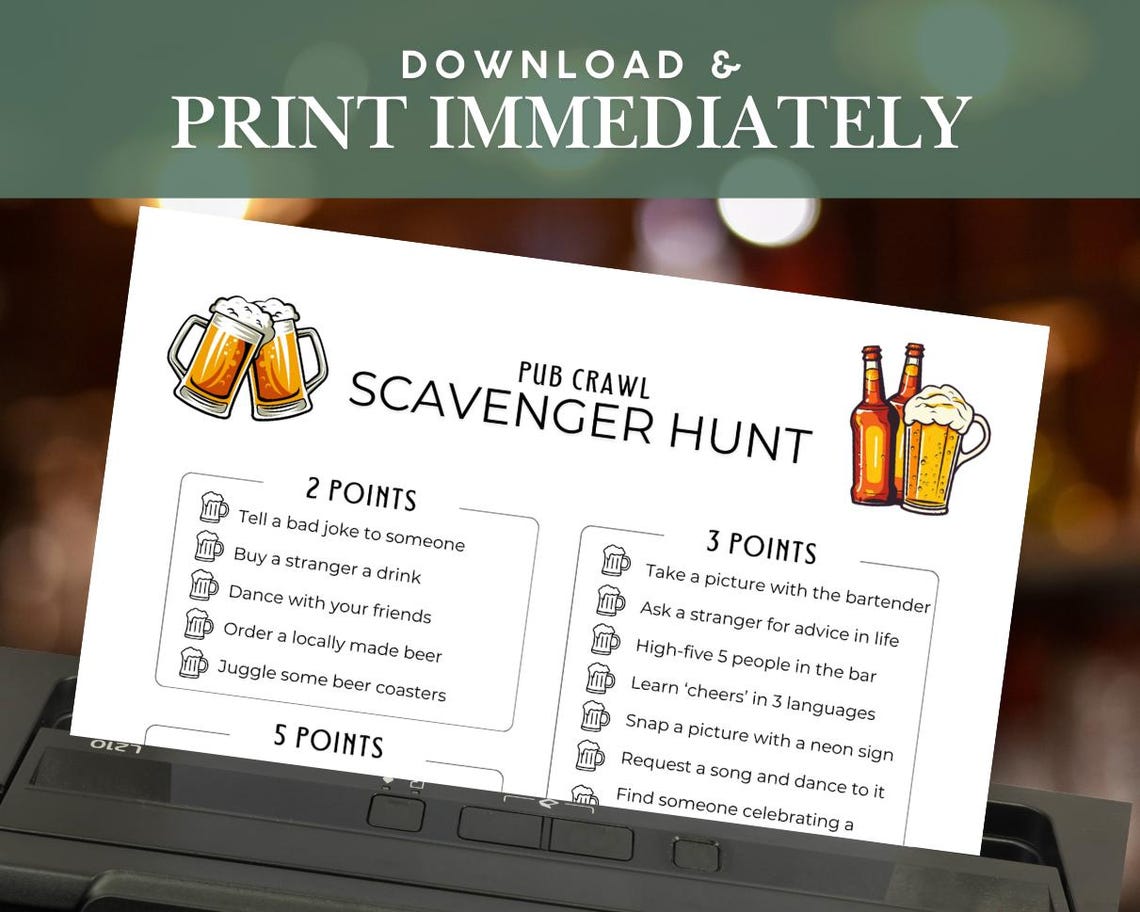Pub Crawl Scavenger Hunt Printable, Bar Scavenger Hunt, Pub Crawl Game ...