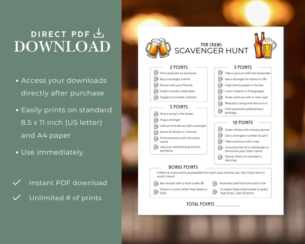 Pub Crawl Scavenger Hunt Printable, Bar Scavenger Hunt, Pub Crawl Game ...