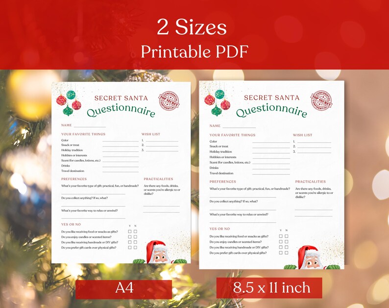 Secret Santa Questionnaire for Coworkers, Secret Santa List, Printable ...