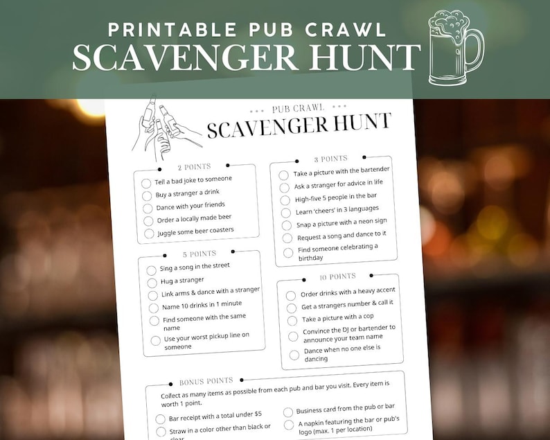 Pub Crawl Scavenger Hunt Printable, Bar Scavenger Hunt, Pub Crawl Game ...