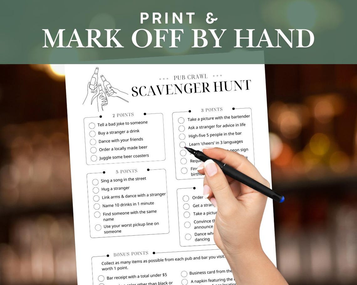 Pub Crawl Scavenger Hunt Printable, Bar Scavenger Hunt, Pub Crawl Game ...