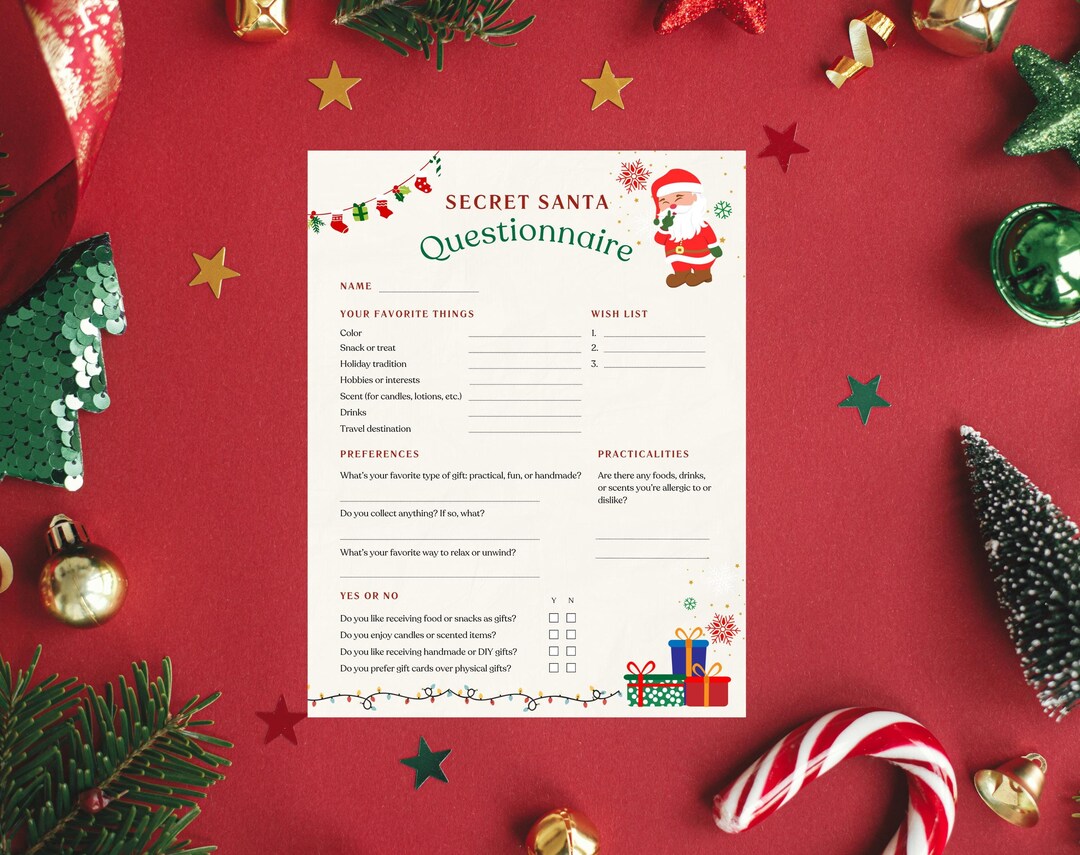Printable Secret Santa Questionnaire, Secret Santa List, Favorite ...