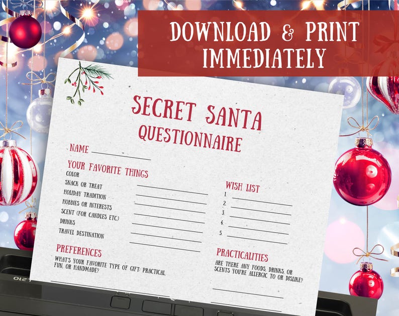 Secret Santa Questionnaire, Secret Santa List, Secret Santa Survey ...