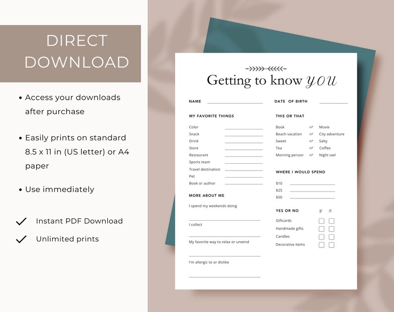 Getting to Know You Questionnaire, All About Me Printable, Favorite ...