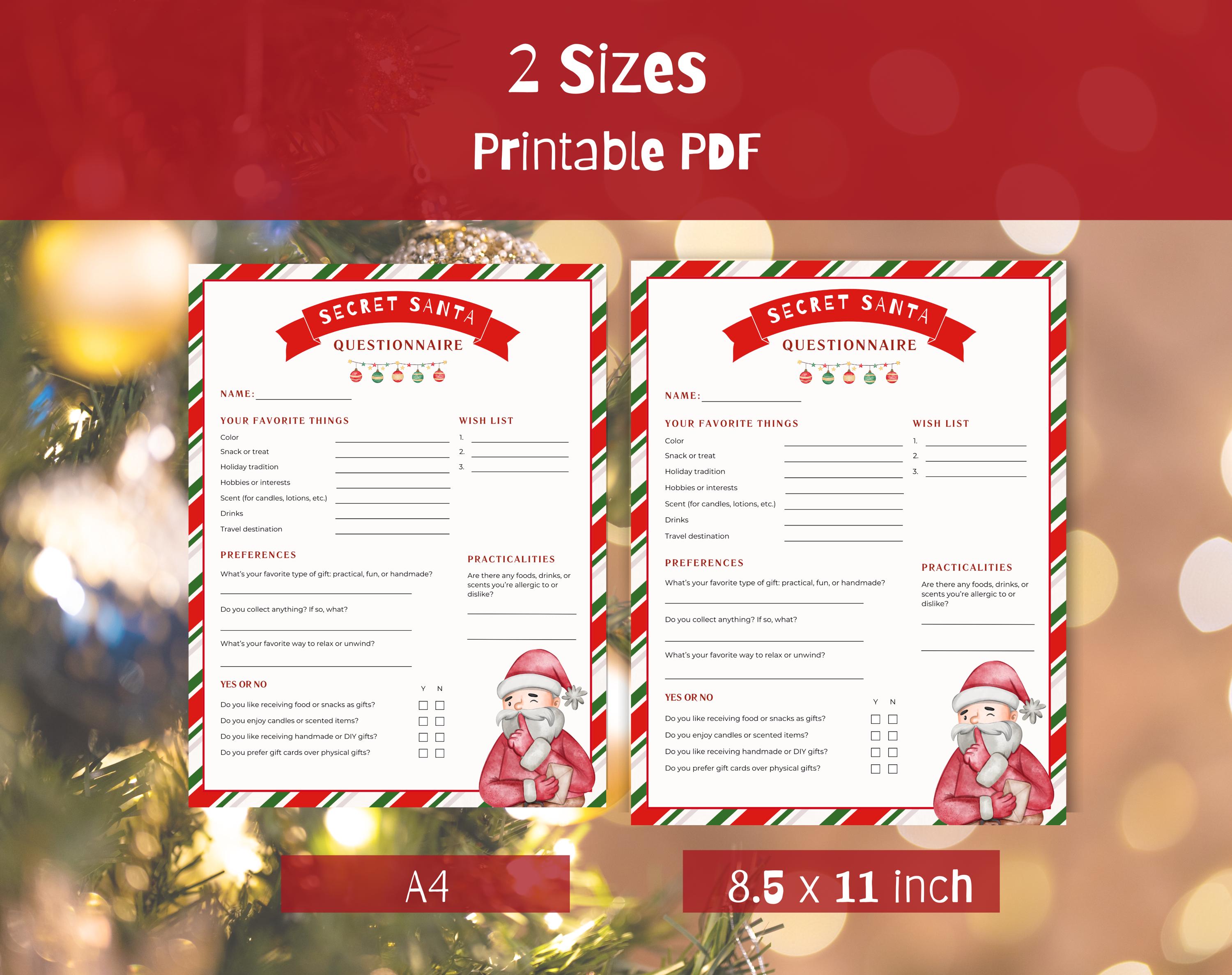 Secret Santa Questionnaire Printable, Secret Santa Gift Questionnaire ...