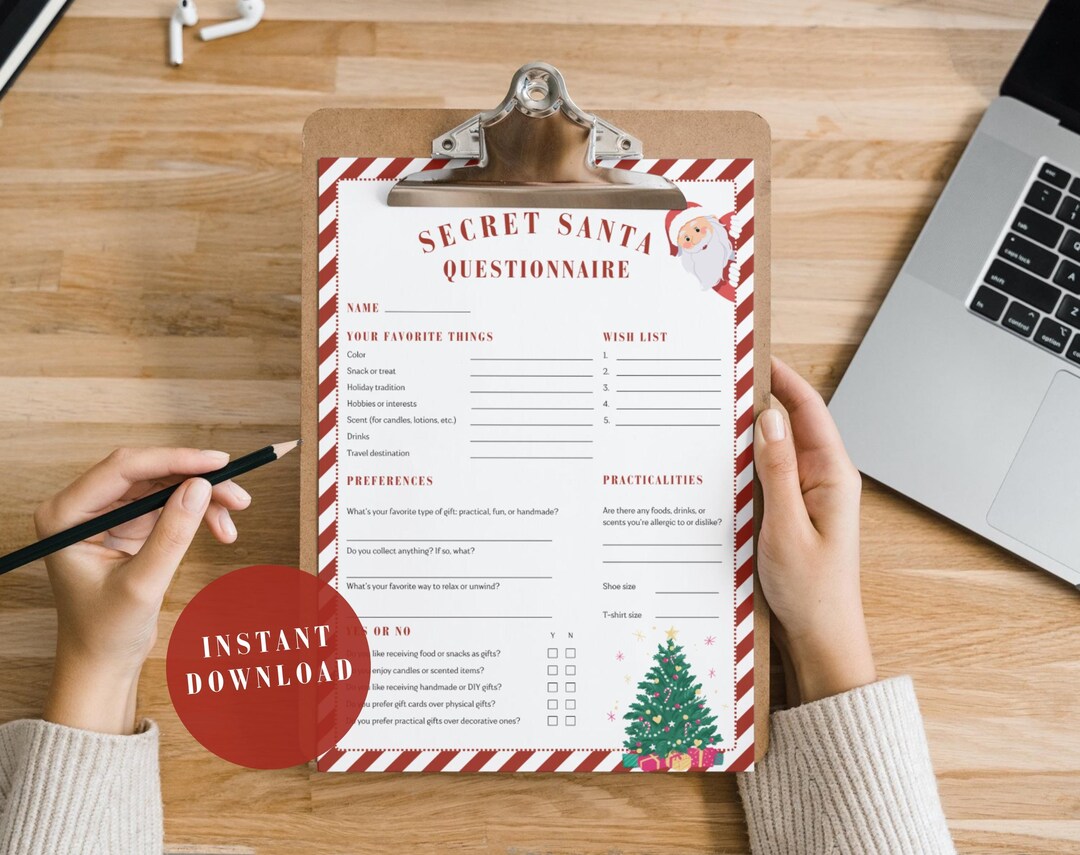Secret Santa Questionnaire, Secret Santa List, Secret Santa Survey ...