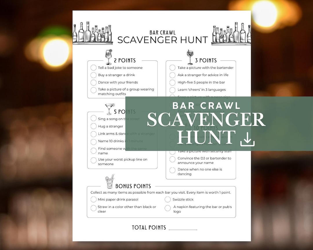Bar Scavenger Hunt, Pub Crawl Games, Bar Crawl Scavenger Hunt Printable ...