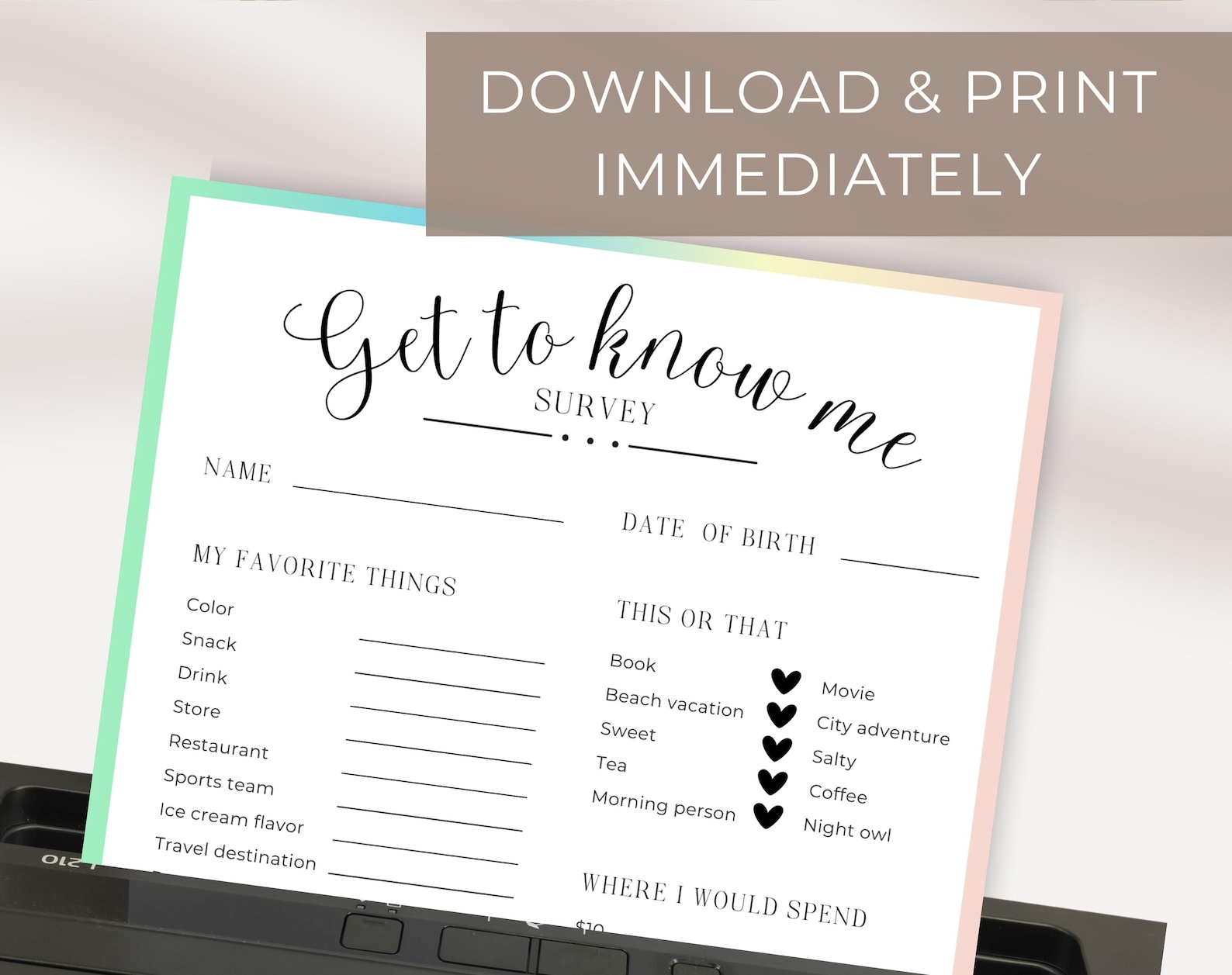 Get to Know You Questionnaire, All About Me Printable, Favorite Things ...