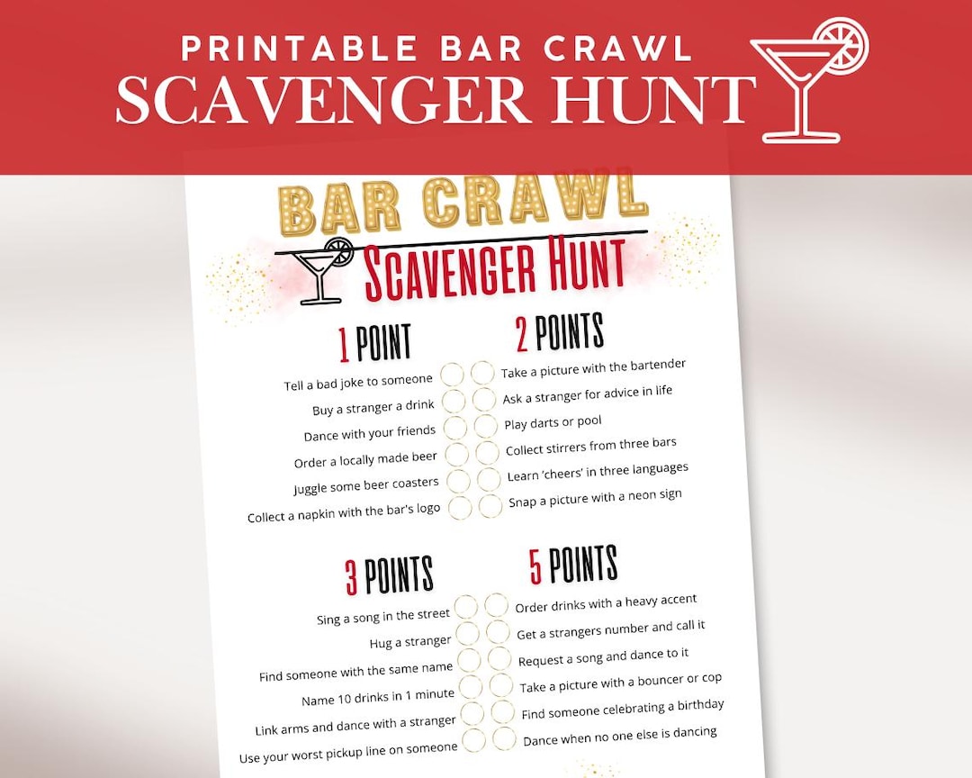 Pub Crawl Scavenger Hunt Printable, Bar Scavenger Hunt, Bar Crawl Games ...