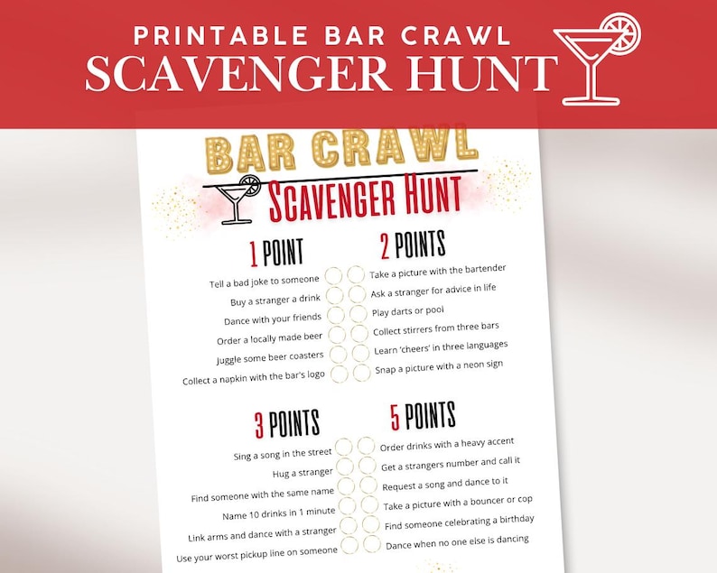 Bar Crawl Scavenger Hunt Printable, Bar Scavenger Hunt, Pub Crawl Games ...