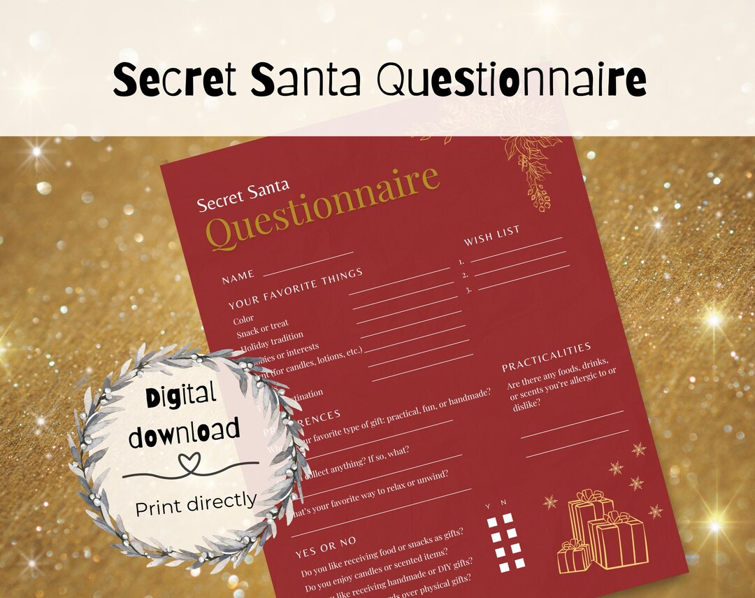 Secret Santa Questionnaire Printable, Secret Santa List, Favorite ...