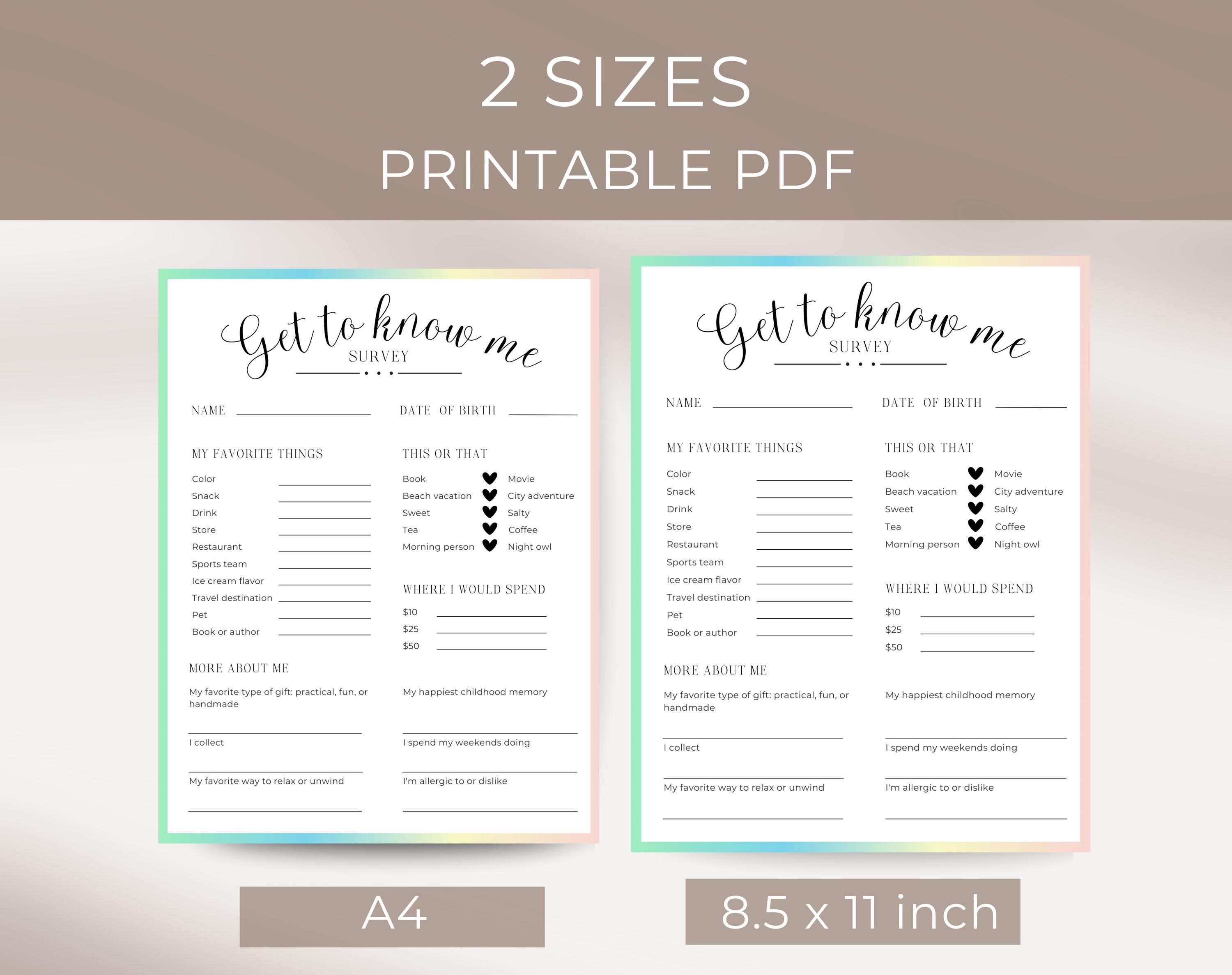 Get to Know You Questionnaire, All About Me Printable, Favorite Things ...