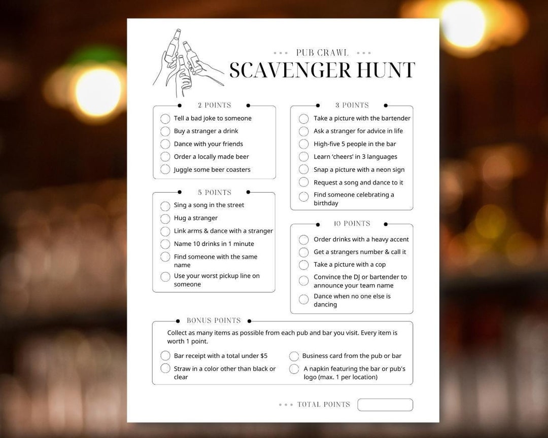 Pub Crawl Scavenger Hunt Printable, Bar Scavenger Hunt, Pub Crawl Game ...