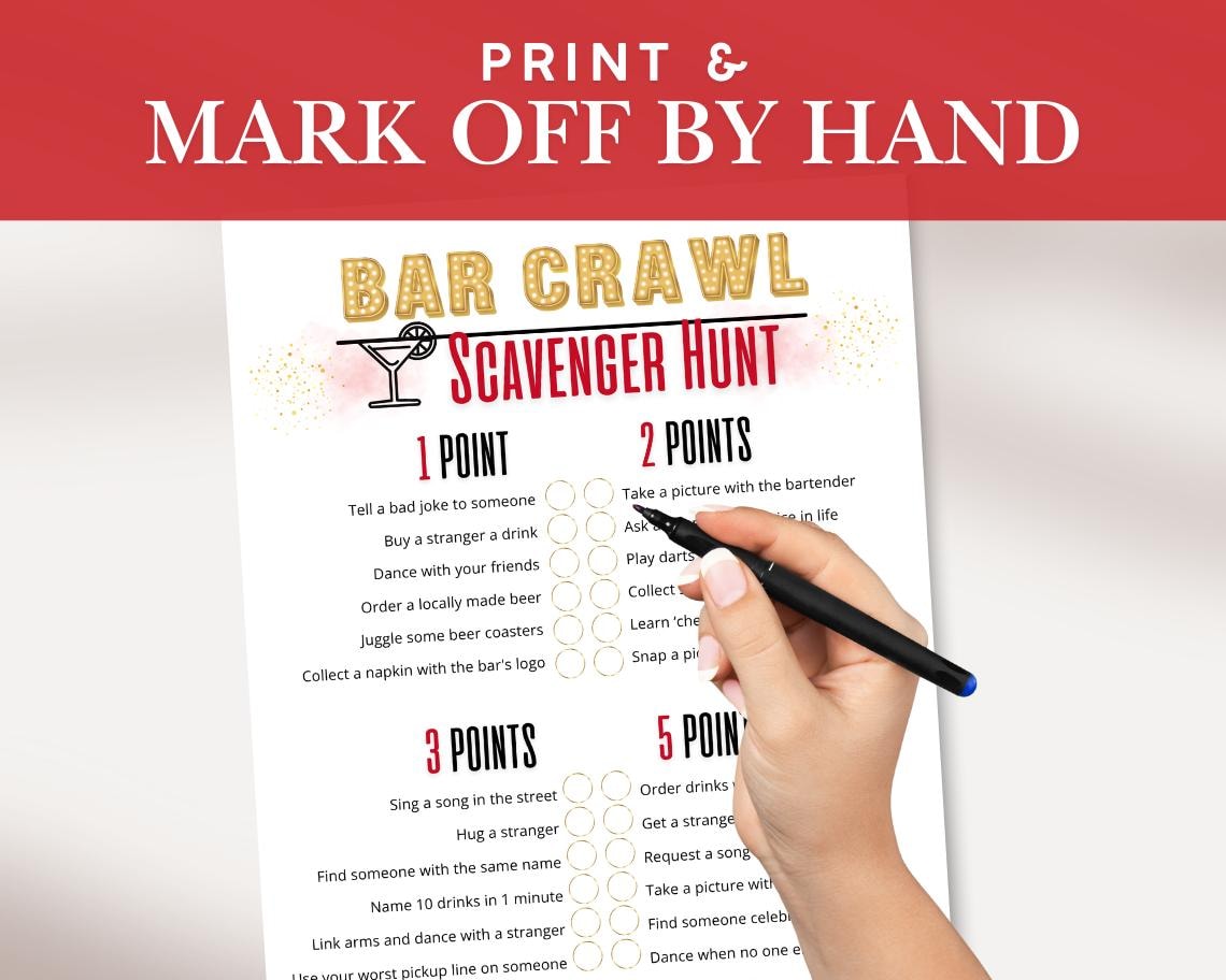 Bar Crawl Scavenger Hunt Printable, Bar Scavenger Hunt, Pub Crawl Games, Challenges Games ...
