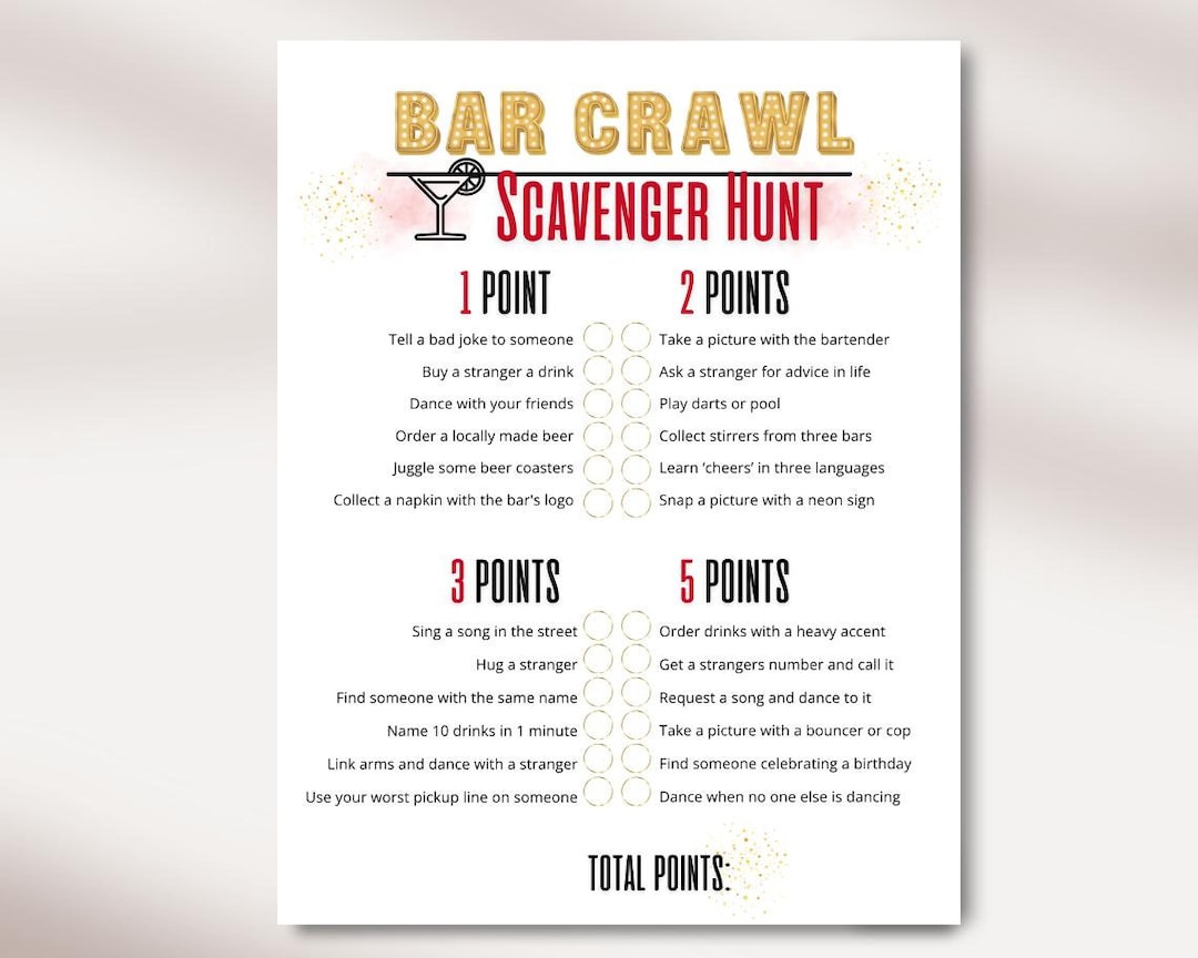 Bar Crawl Scavenger Hunt Printable, Bar Scavenger Hunt, Pub Crawl Games ...