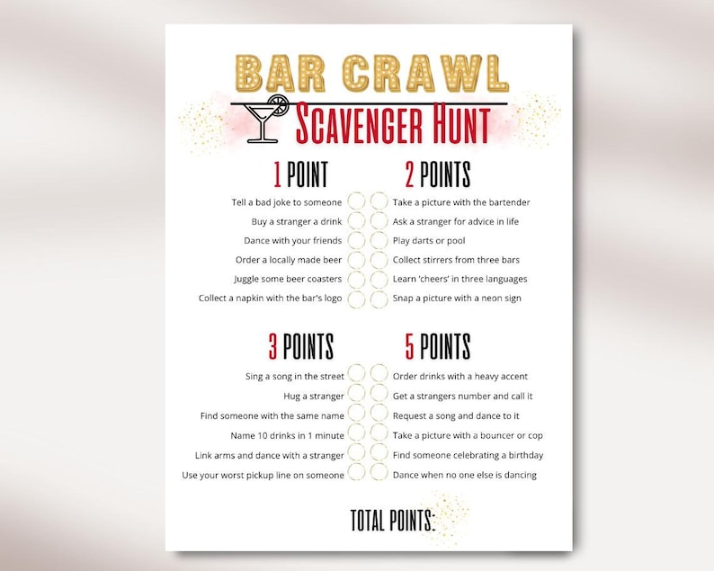 Bar Crawl Scavenger Hunt Printable, Bar Scavenger Hunt, Pub Crawl Games ...