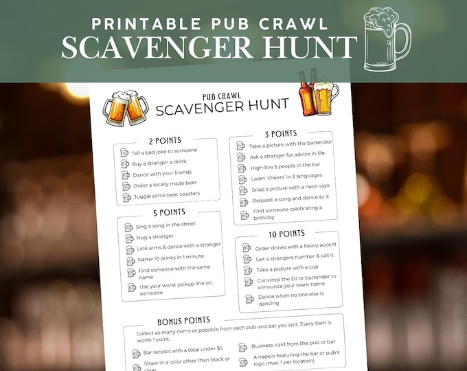 Bar Crawl Scavenger Hunt Printable, Bar Scavenger Hunt, Pub Crawl Games ...