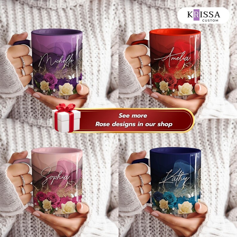 Personalized Purple Rose Mable Coffee Mug, Elegant Floral Glitter ...