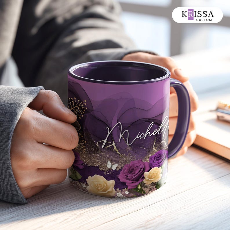 Personalized Purple Rose Mable Coffee Mug, Elegant Floral Glitter ...
