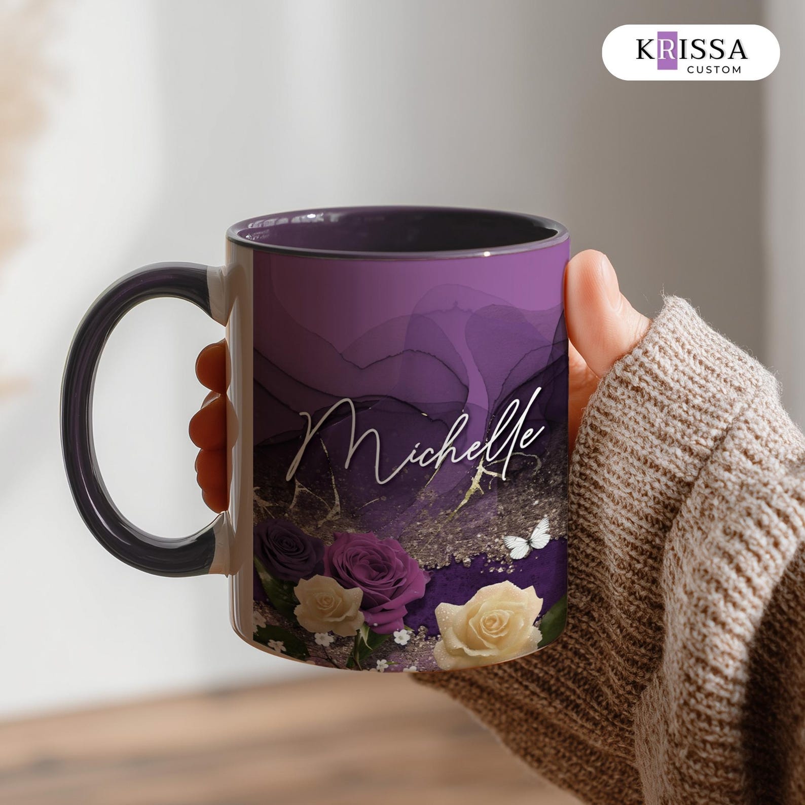 Personalized Purple Rose Mable Coffee Mug, Elegant Floral Glitter ...