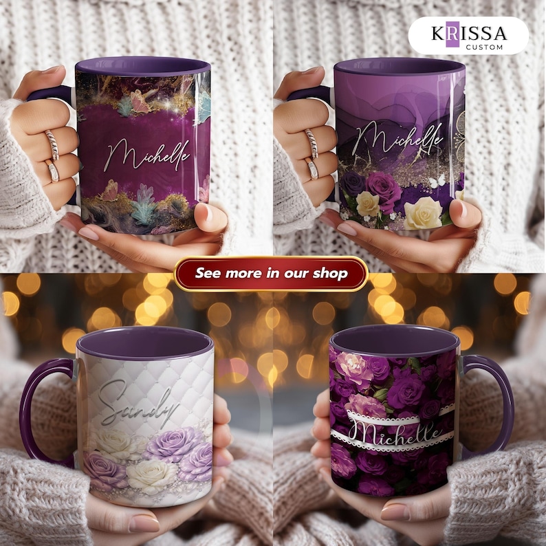 Personalized Purple Rose Mable Coffee Mug, Elegant Floral Glitter ...