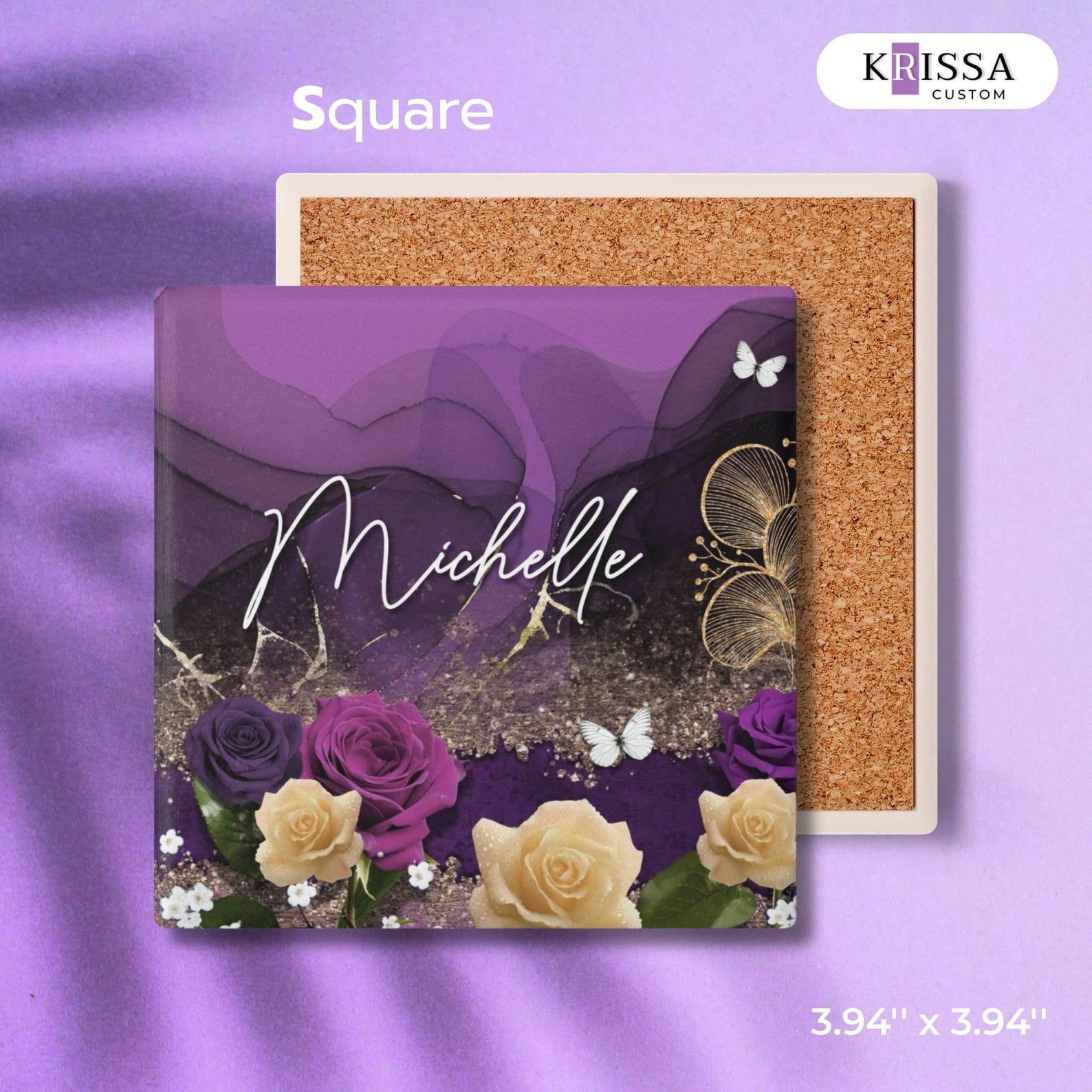 Personalized Purple Rose Mable Coffee Mug, Elegant Floral Glitter ...