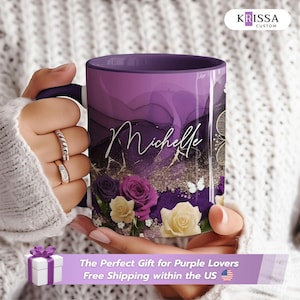 Personalized Purple Rose Mable Coffee Mug, Elegant Floral Glitter ...