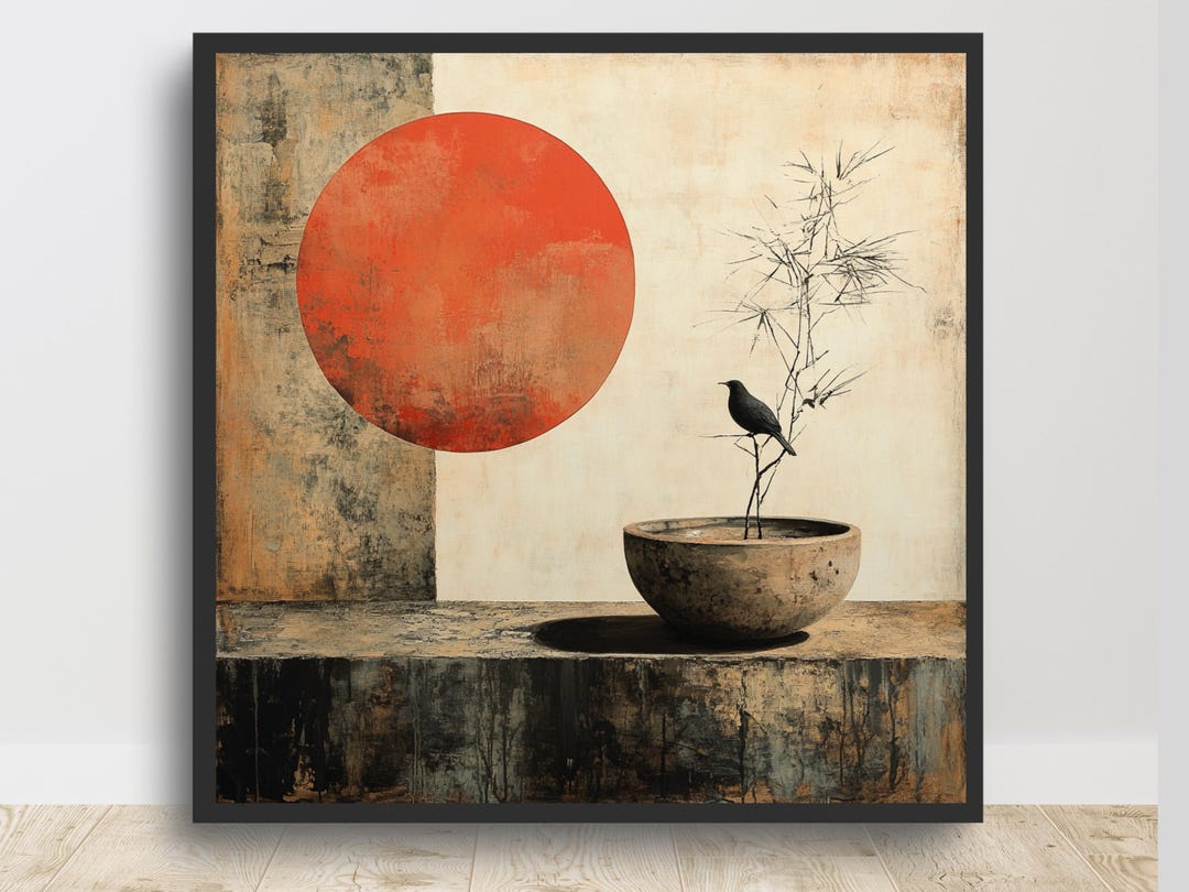 Japandi Wabi Sabi Wall Art: Red Moon & Bird Print (digital Download) - Etsy