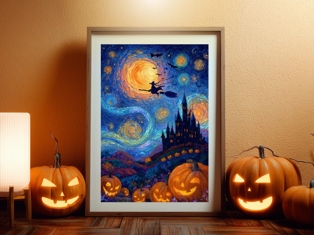 Halloween Starry Night Print: Witch, Pumpkins, Haunted Castle (digital ...