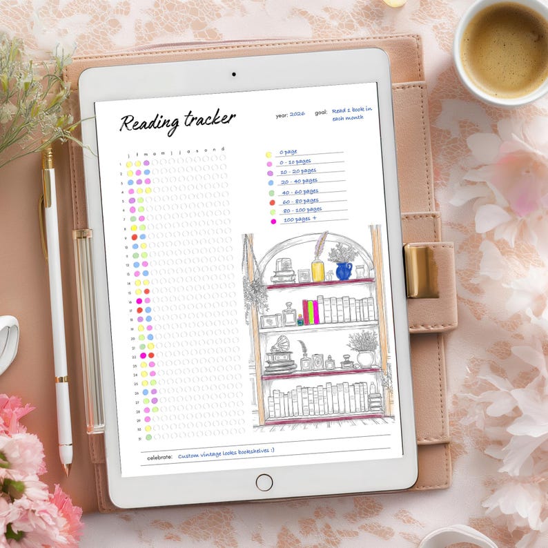 Bookshelf Reading Habit Tracker, Printable Coloring Page (A5, A4 ...