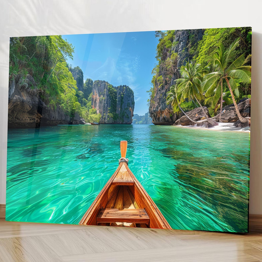 Tropical Lagoon Tempered Glass Wall Art: Boat View, Turquoise Water - Etsy